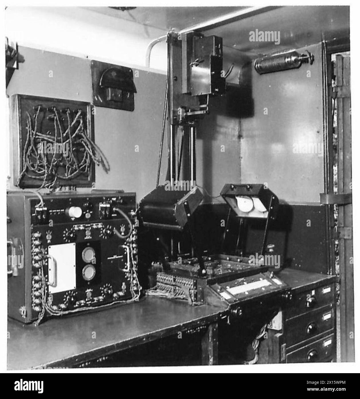 Interior view of an Anti-Aircraft recording van at Harrow used by the ...
