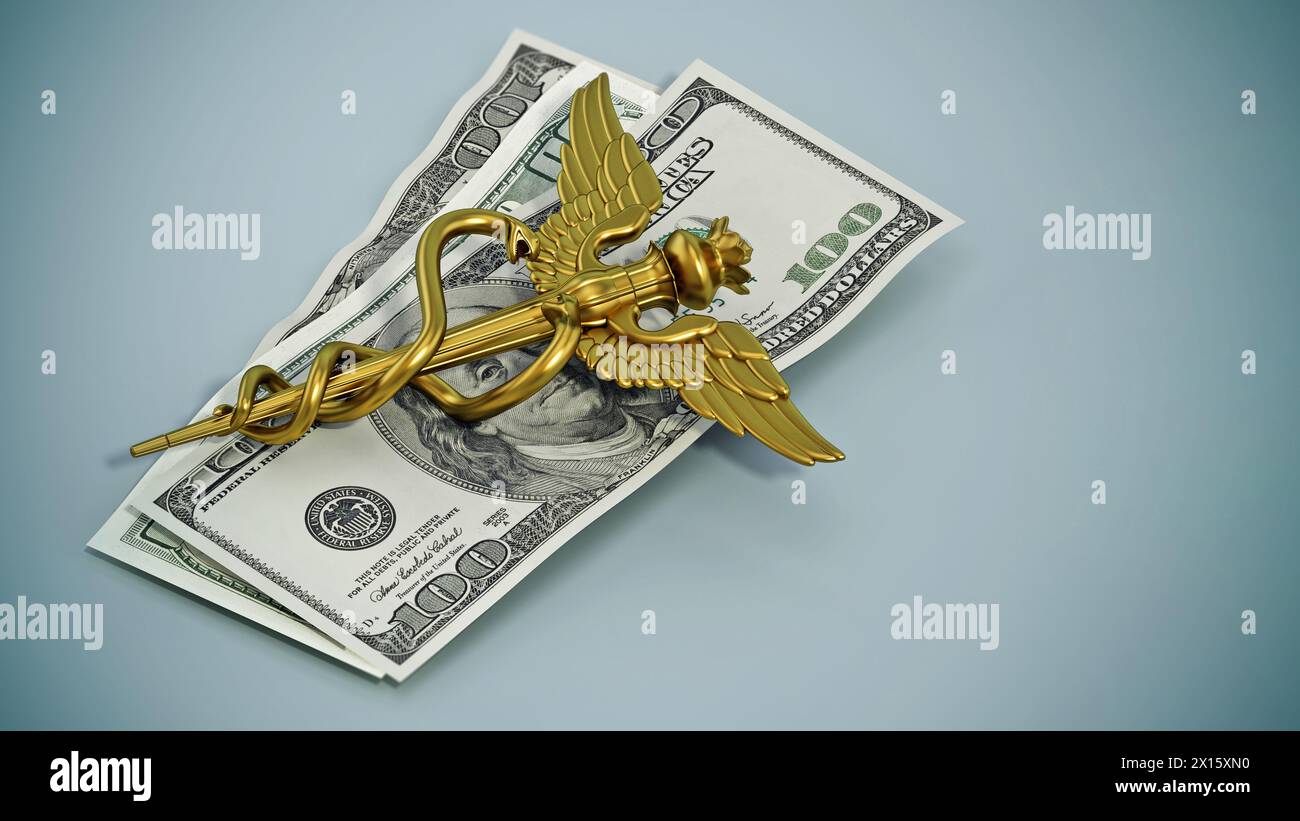 Gold caduceus symbol standing on dollar bills. 3D illustration Stock ...