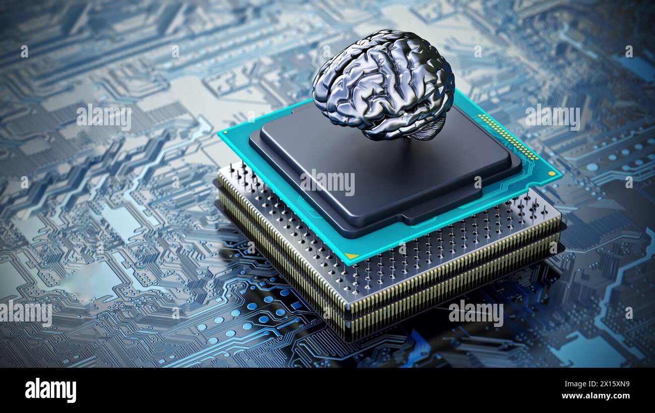 Chrome brain on the CPU installed on the mainboard. 3D illustration ...