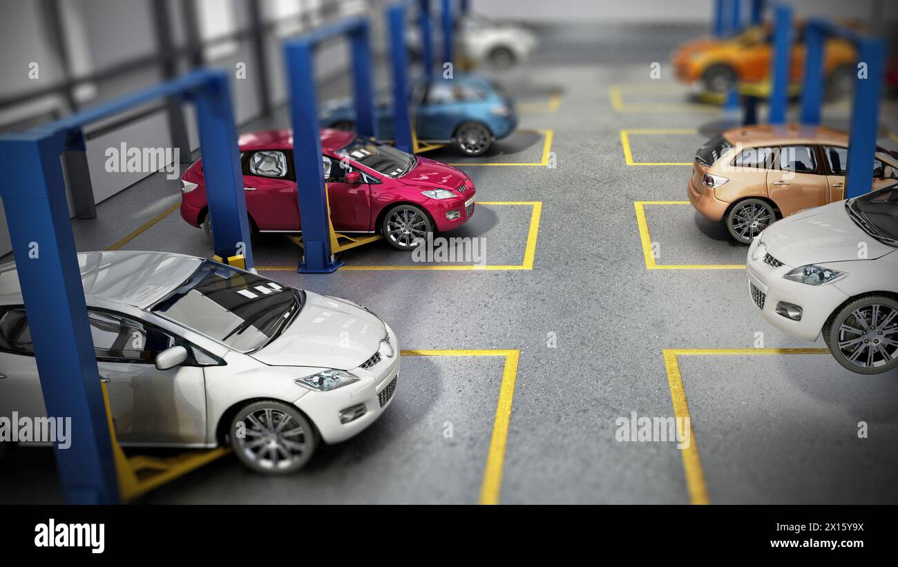 Automobile repair shop or car repair garage interior with cars on the ...