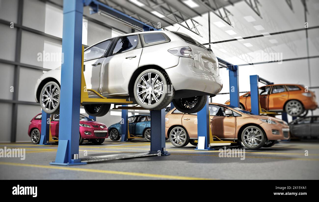 Automobile repair shop or car repair garage interior with cars on the ...