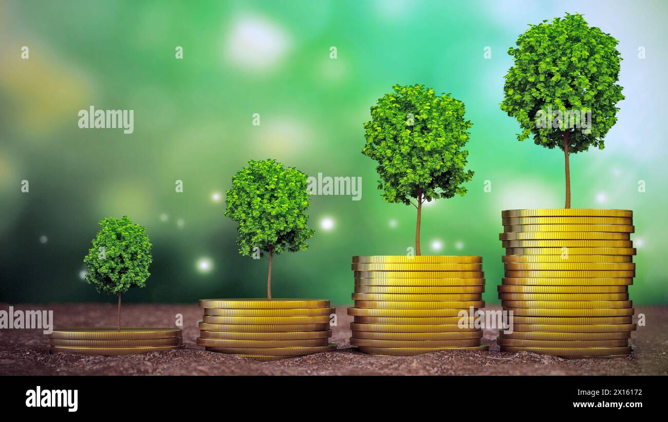 Growing trees on rising gold coin stacks. 3D illustration Stock Photo ...