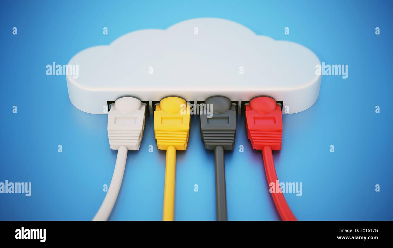 Colorful network cables connected to the cloud shape. 3D illustration ...