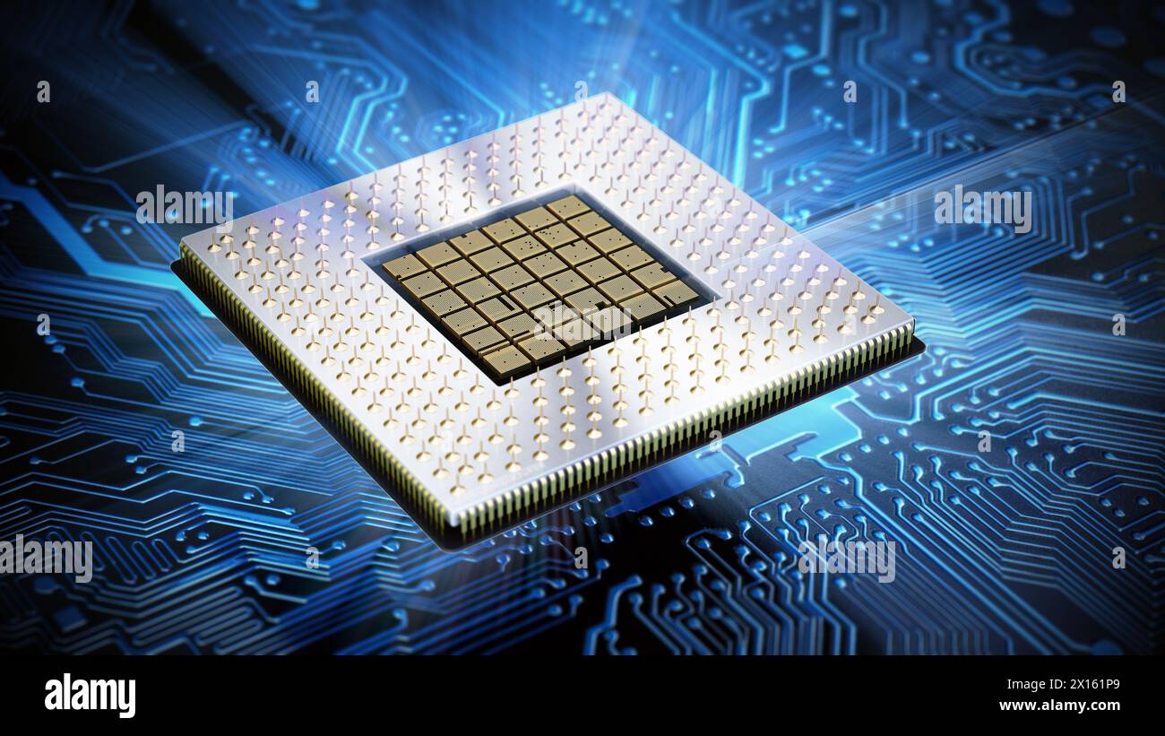 CPU with blue light on the mainboard. 3D illustration Stock Photo - Alamy