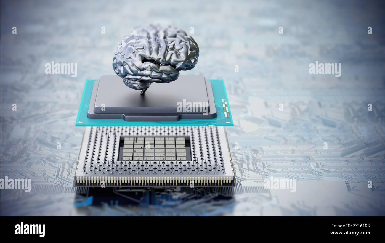 Chrome brain on the CPU installed on the mainboard. 3D illustration ...