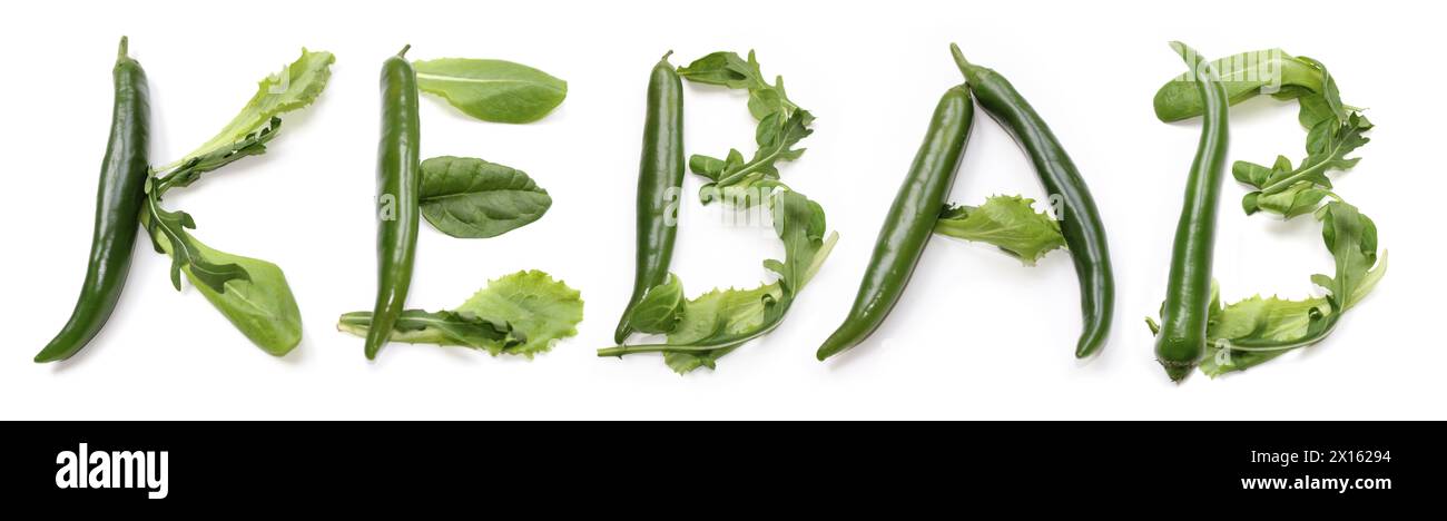 word text KEBAB, green pepper, salad lettuce leaves, vegan, vegetarian ...