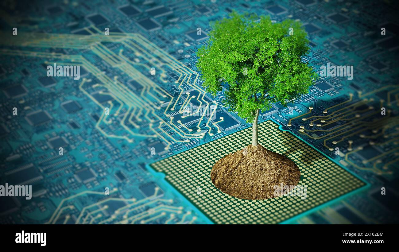 Tree with green leaves with soil standing on PCB. 3D illustration Stock ...