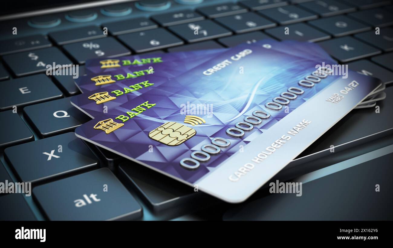 Generic credit card standing on laptop computer. 3D illustration Stock ...