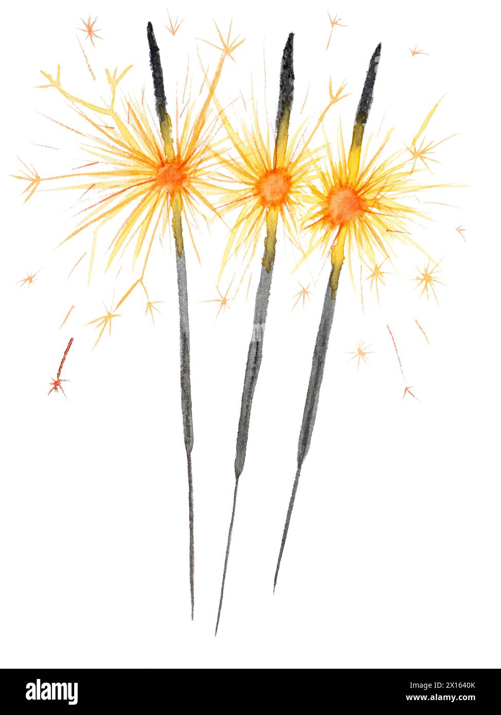 Watercolor illustration with three burning sparklers isolated on white ...