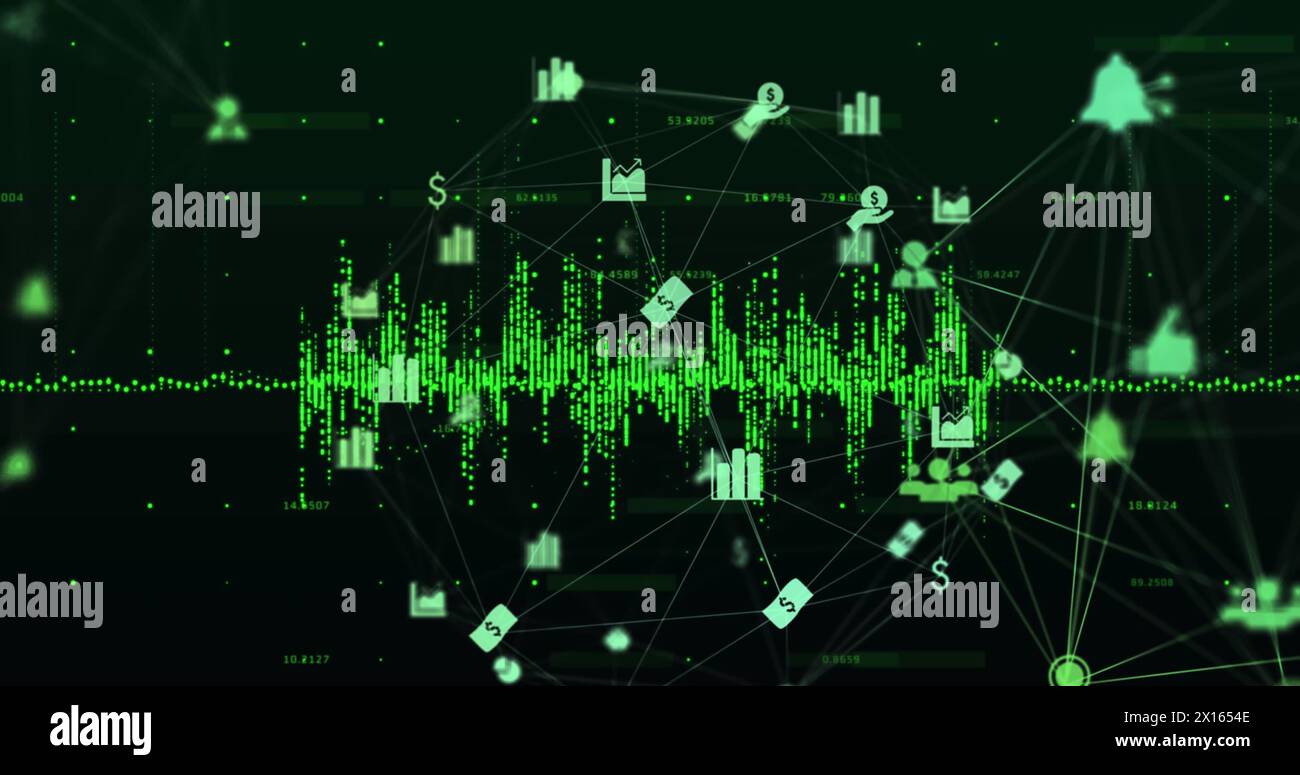 Image of media icons over data processing. Global business and digital interface concept ...