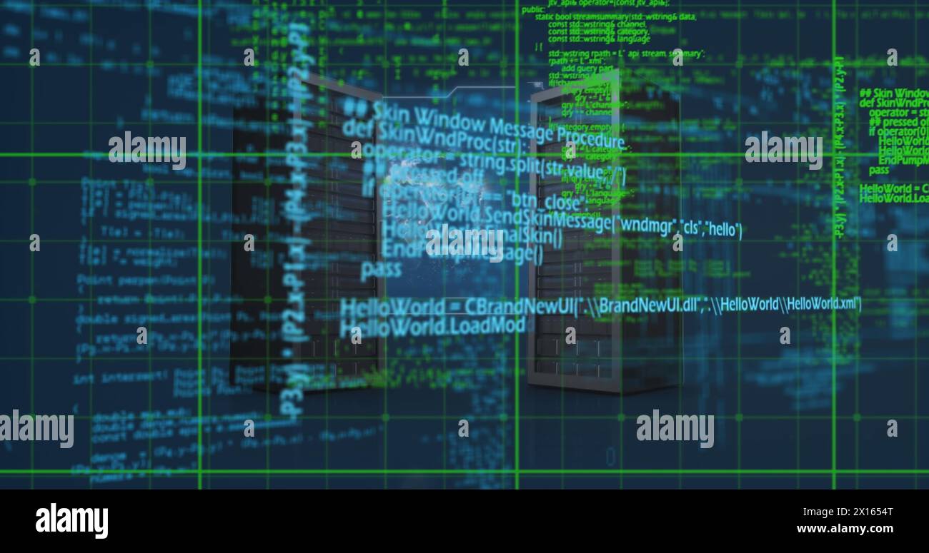 Image of data processing over servers and globe on black background ...