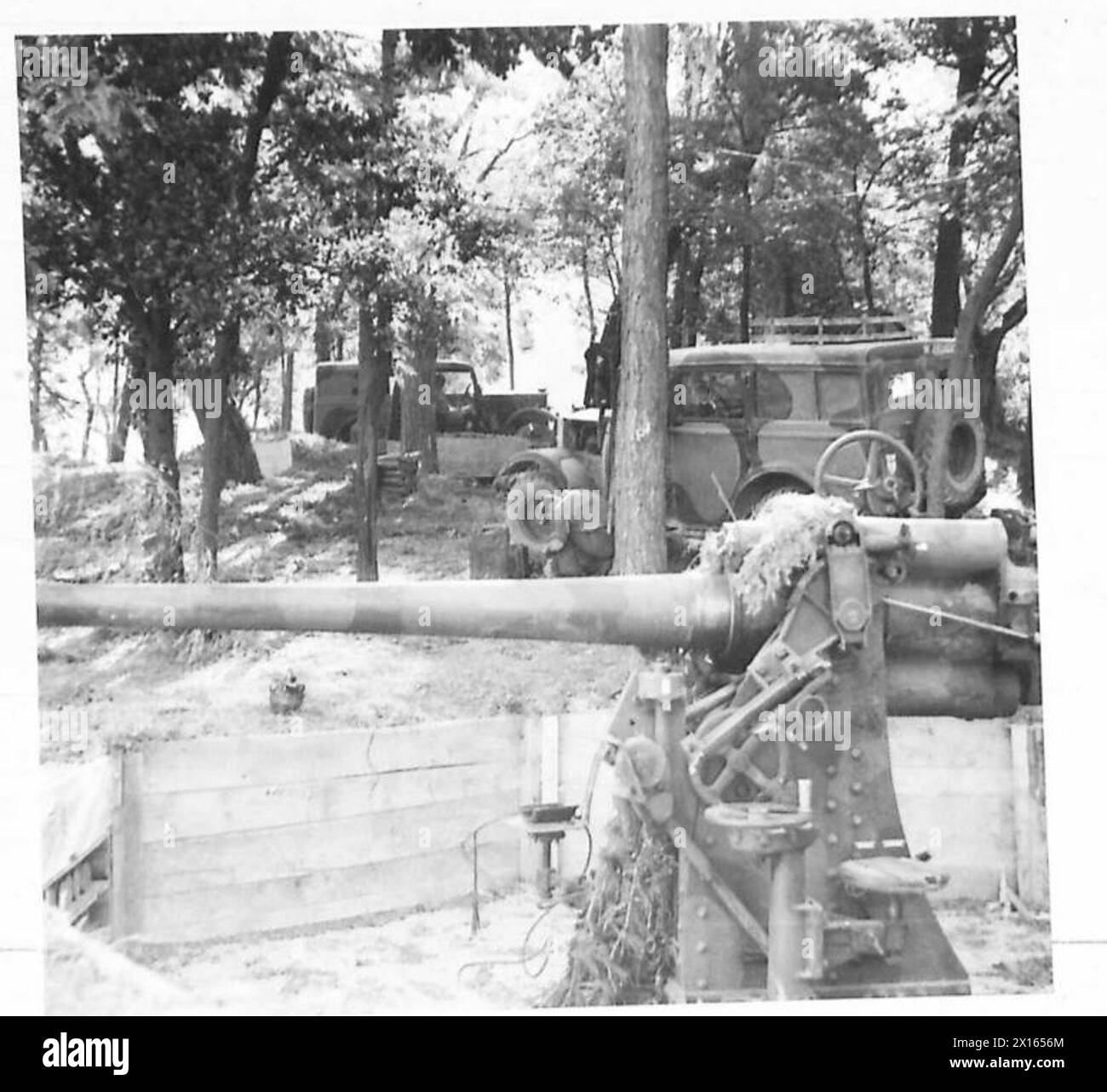 Cars of Tactical Headquarters parked under trees at a former German ...