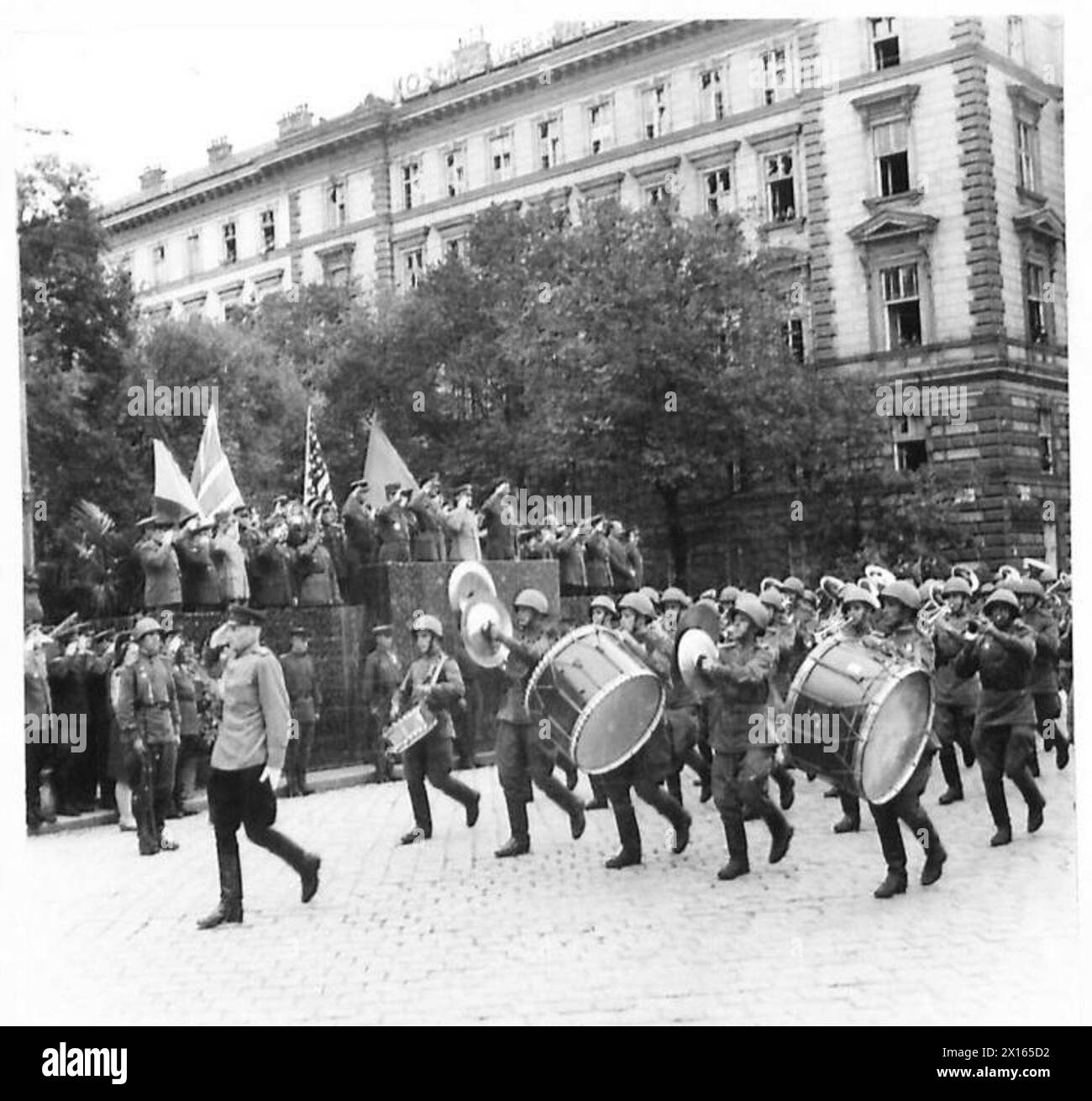 The Russian Army Band performs a march past the saluting base during a ...