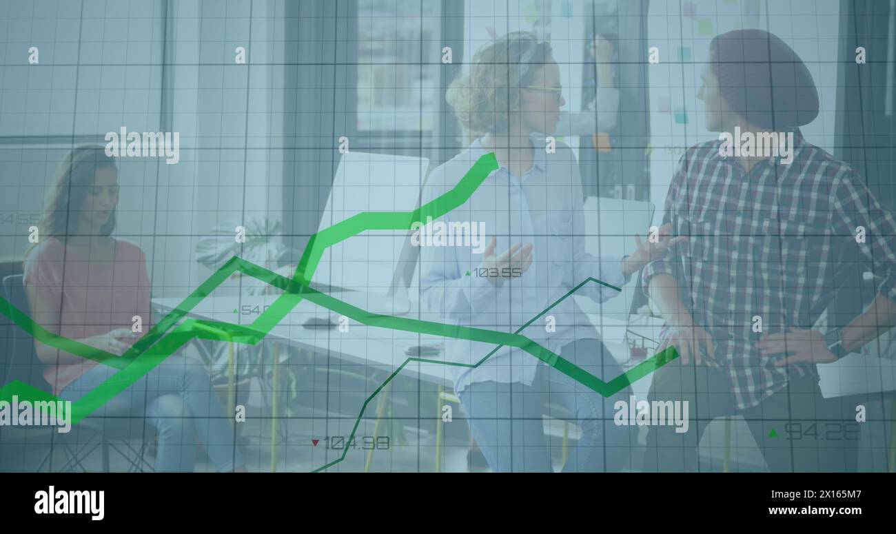 Image of financial data processing and green lines over business people ...