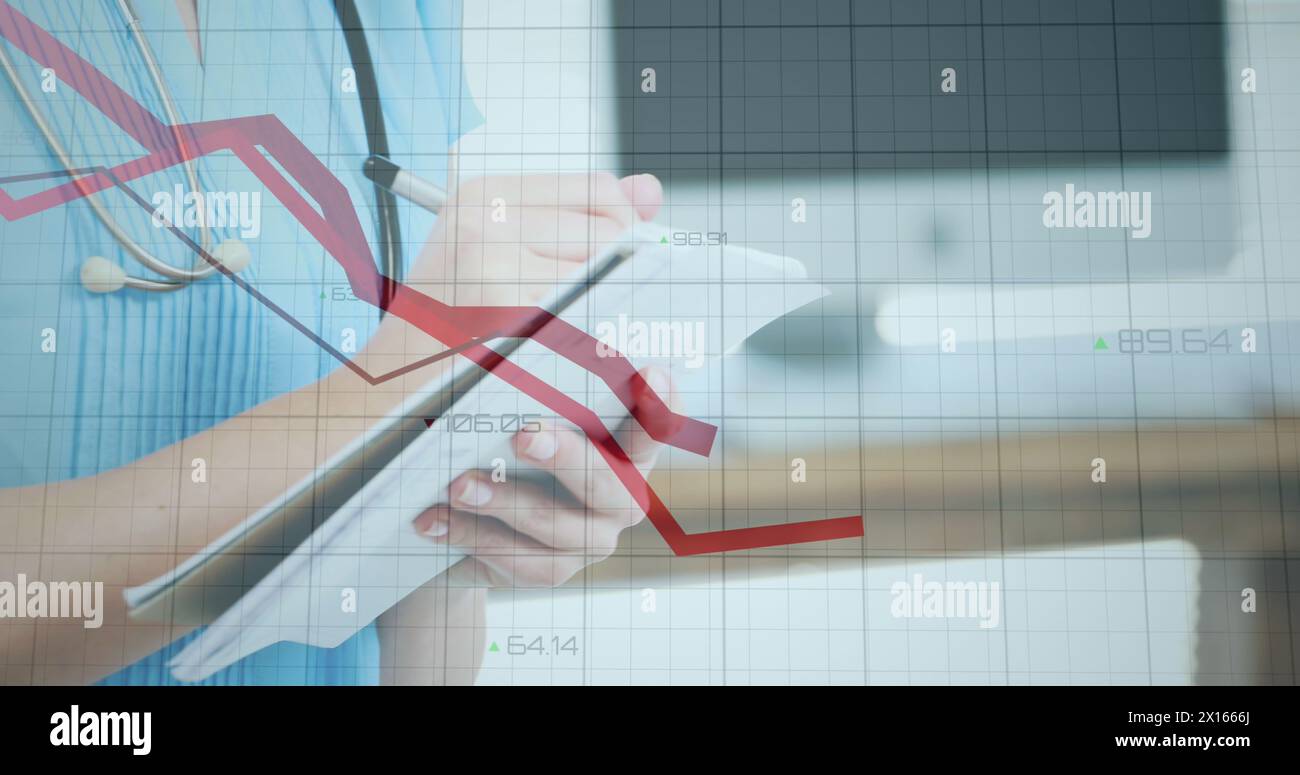 Image of graph and numbers over female caucasian doctors writing on ...