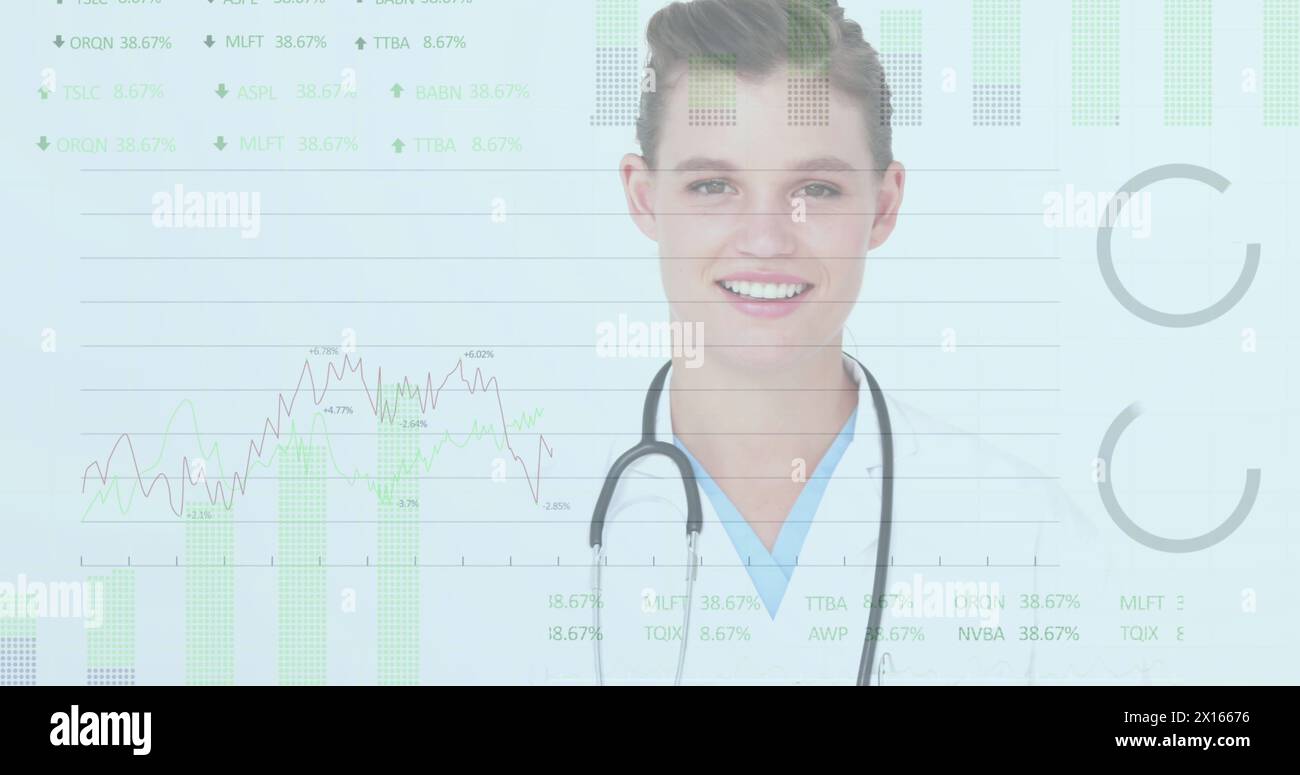 Image of trading board and graphs over caucasian female doctor ...