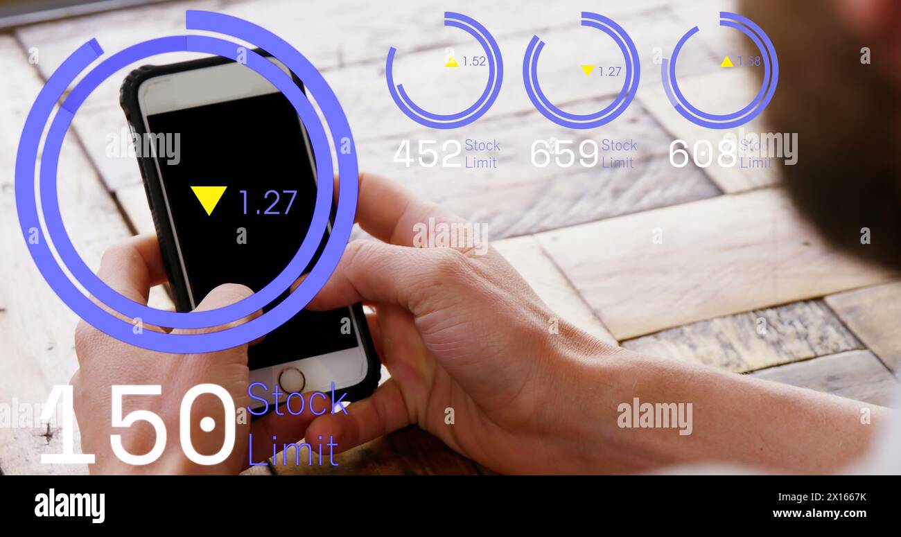 Image of loading circles with up and down arrows over caucasian man ...