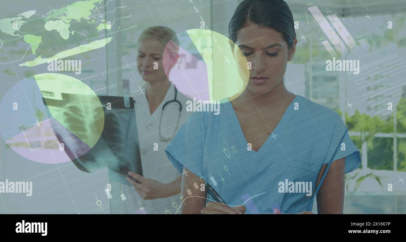 Image of infographic interface, caucasian female doctors examining x ...