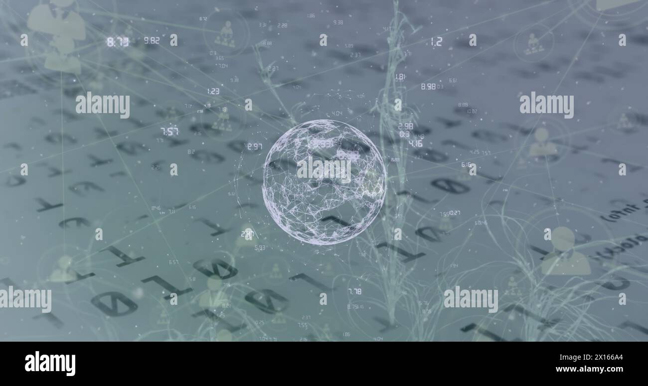 Image of globe, binary coding with networks of connections. Global connections, business ...