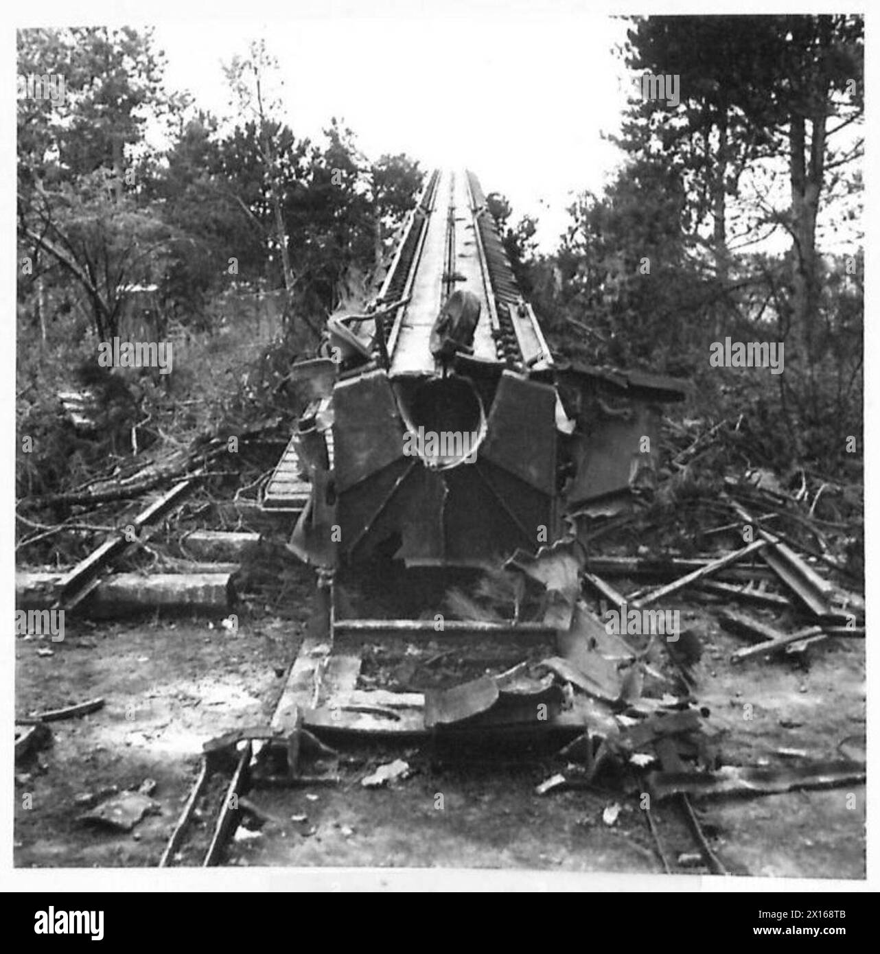 A destroyed flying bomb launching platform at a captured site, British ...