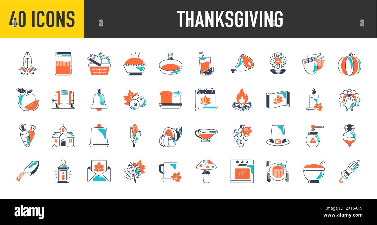 Set of thanksgiving Icons. Simple solid style icon pack. Funny pilgrims ...