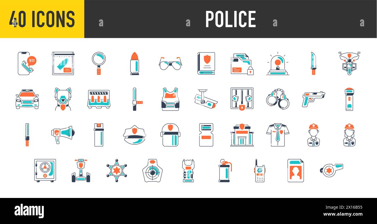 Police icon set. Containing car, dog, gun, police station, walkie ...