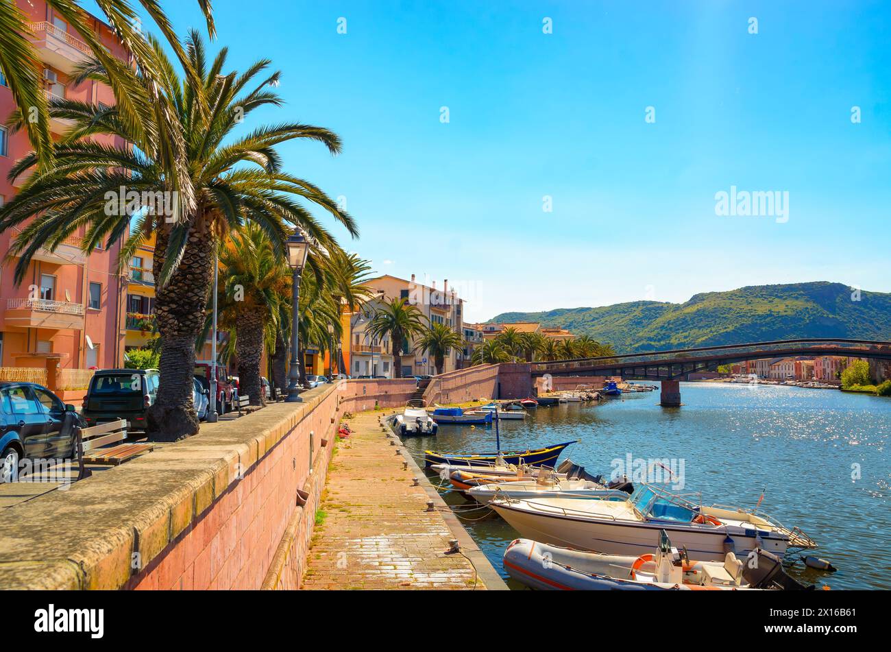Picturesque view of Bosa town along Temo River in Sardinia, Italy Stock ...