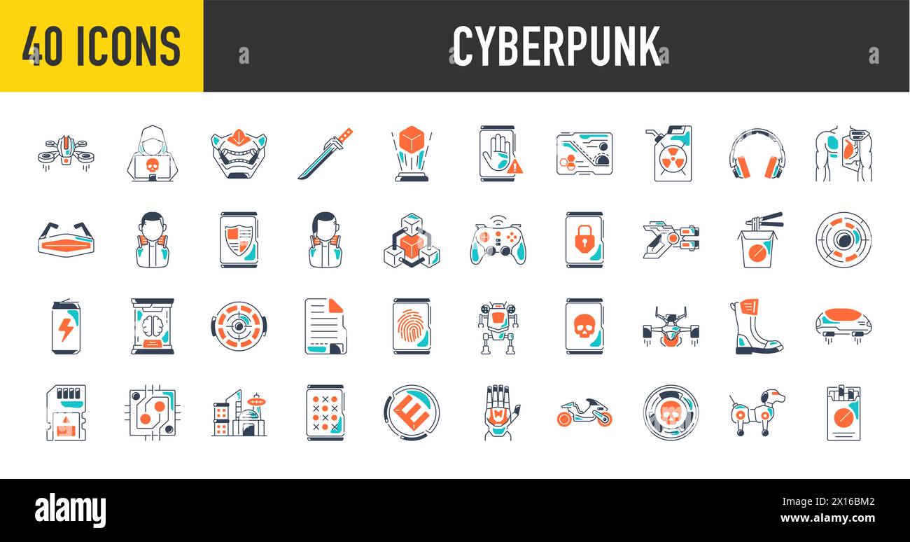 Cyber punk security icon set. Data protection symbol. Secured network ...