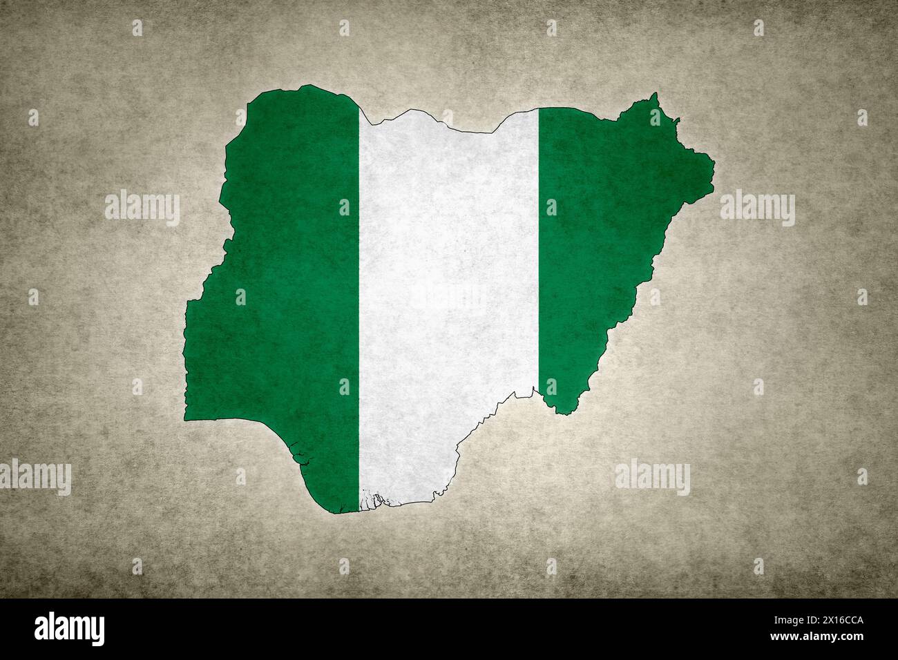 Grunge map of Nigeria with its flag printed within its border on an old ...