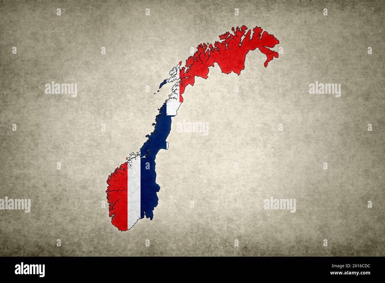 Grunge map of Norway with its flag printed within its border on an old ...