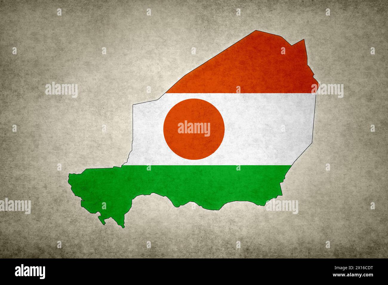 Grunge map of Niger with its flag printed within its border on an old ...
