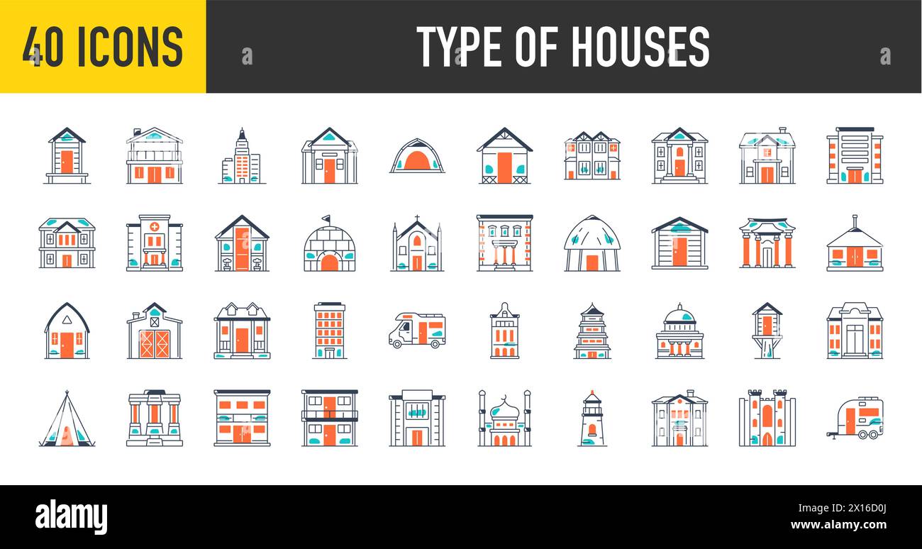 Type of houses. Set of icons of big city buildings. Urban architecture ...