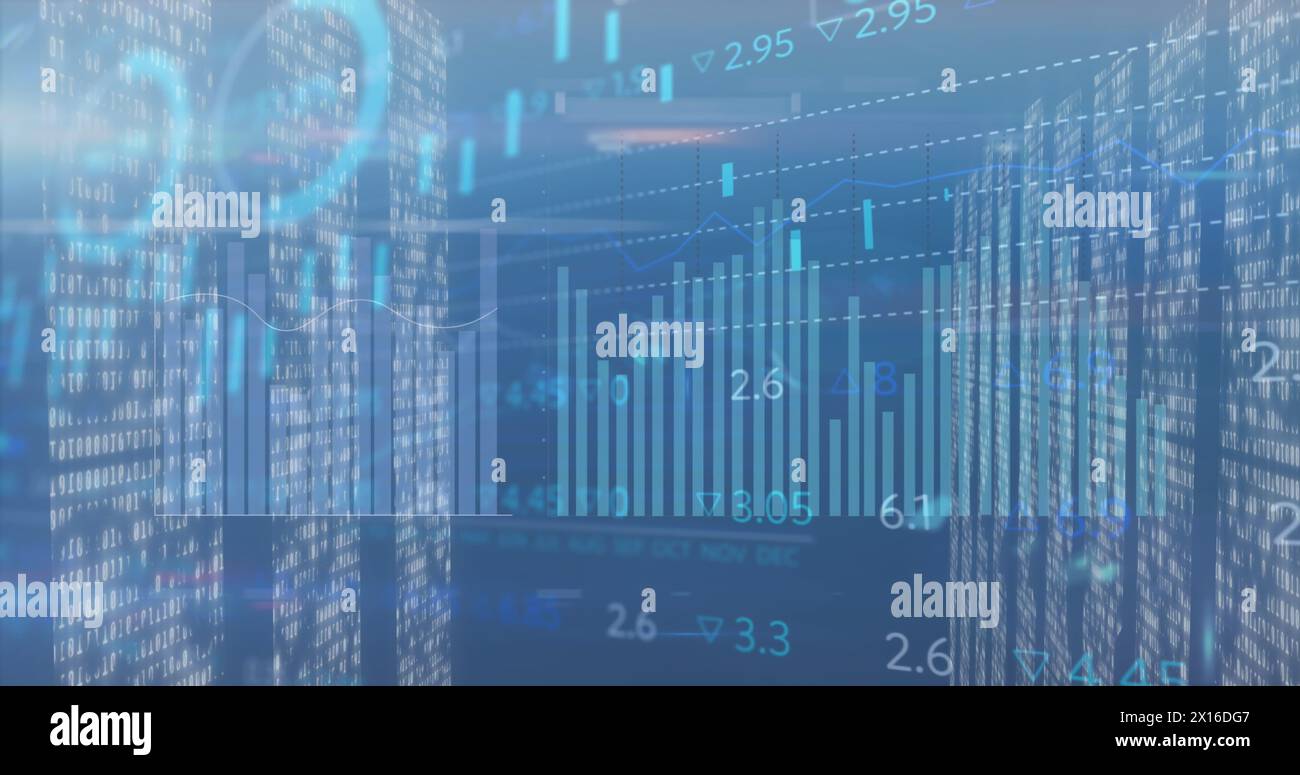 Image of statistical data processing over screens of mosaic squares against blue background ...