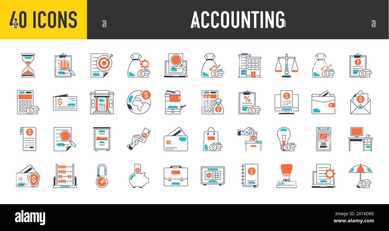 Set of icon related to accounting income, salary, money, bank, brief ...