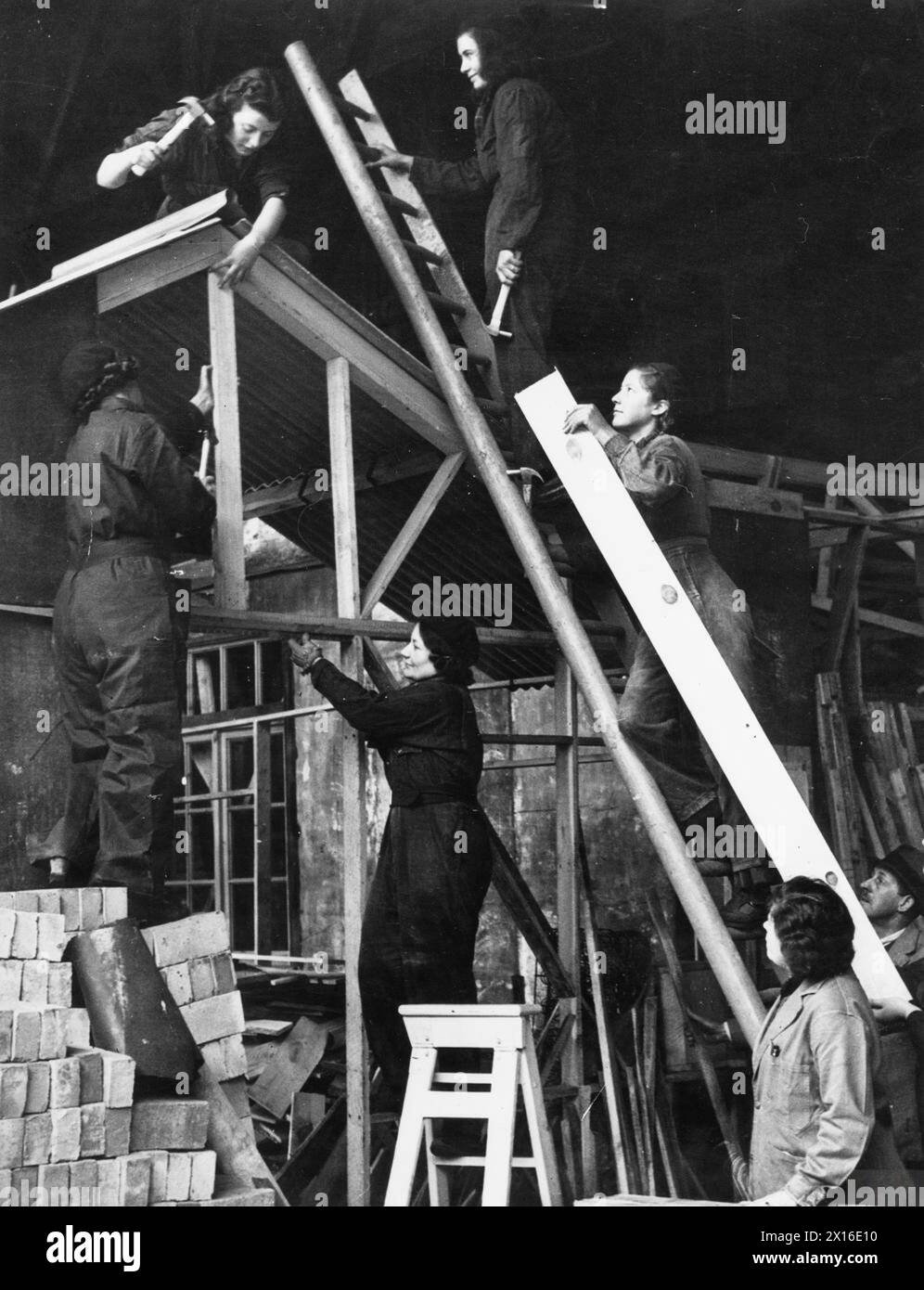 Female carpenters collaborate on hut construction in a British workshop ...