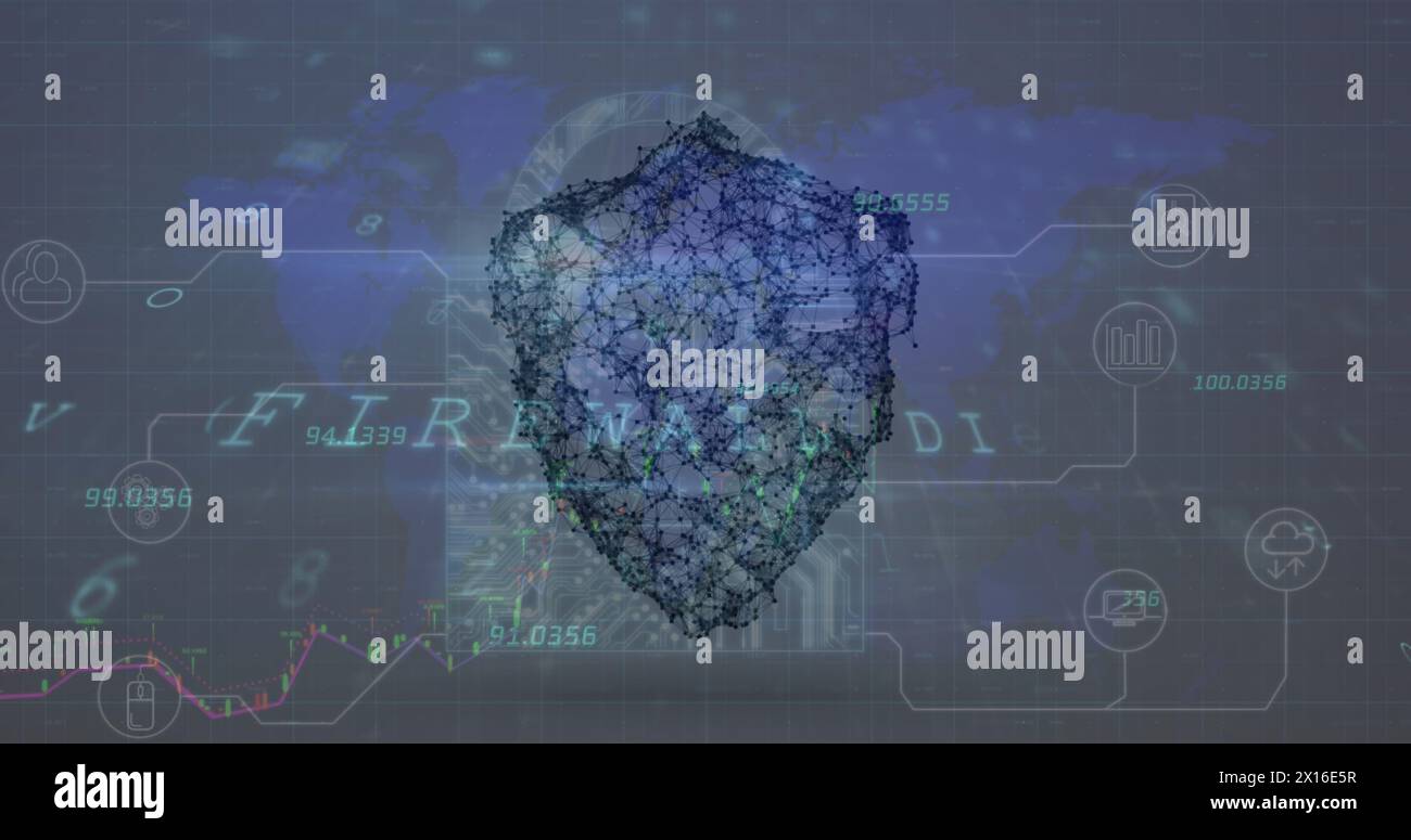 Image of cyber security data processing over security shield icon against world map Stock Photo ...
