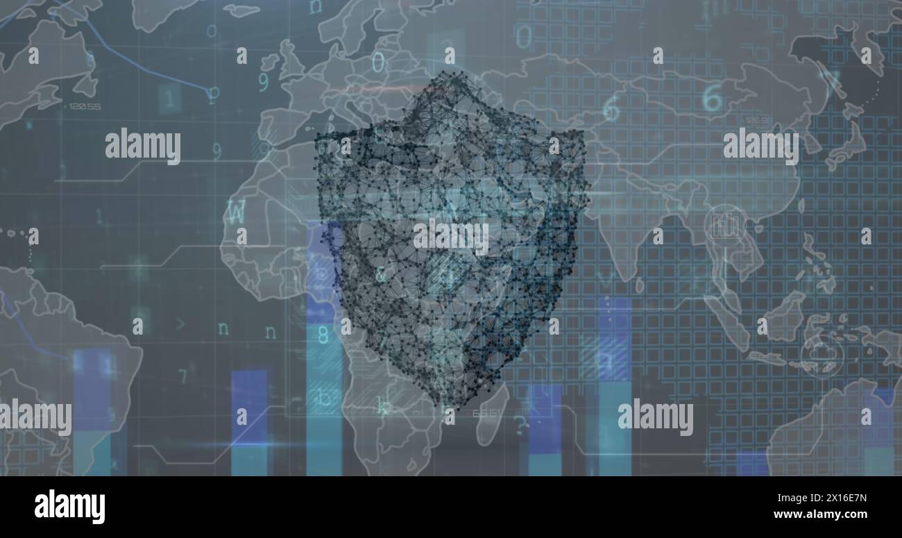 Image Of Cyber Security Concept Icons And Data Processing Against World Map On Grey Background