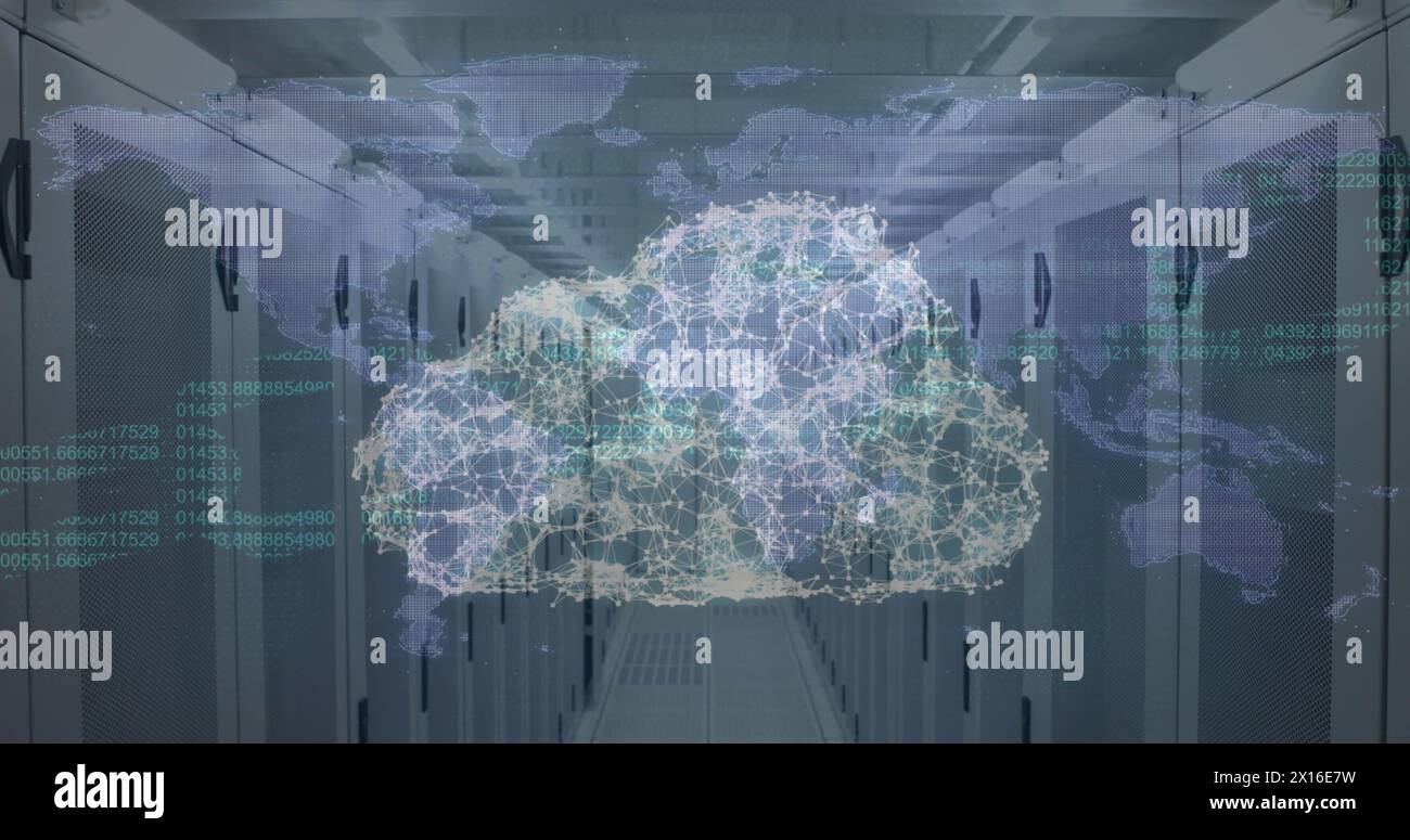 Image of cyber security concept icons and data processing against computer server room Stock ...