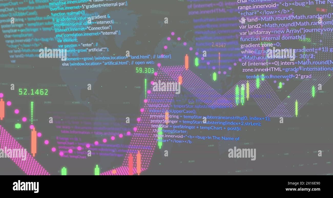 Image of data processing over world map on black background. Global technology, computing and ...