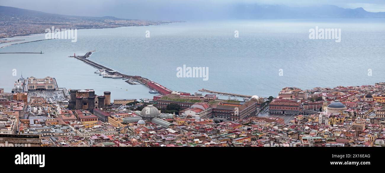 Panoramic view of Naples with many landmarks, such as, the Castel Nuovo ...