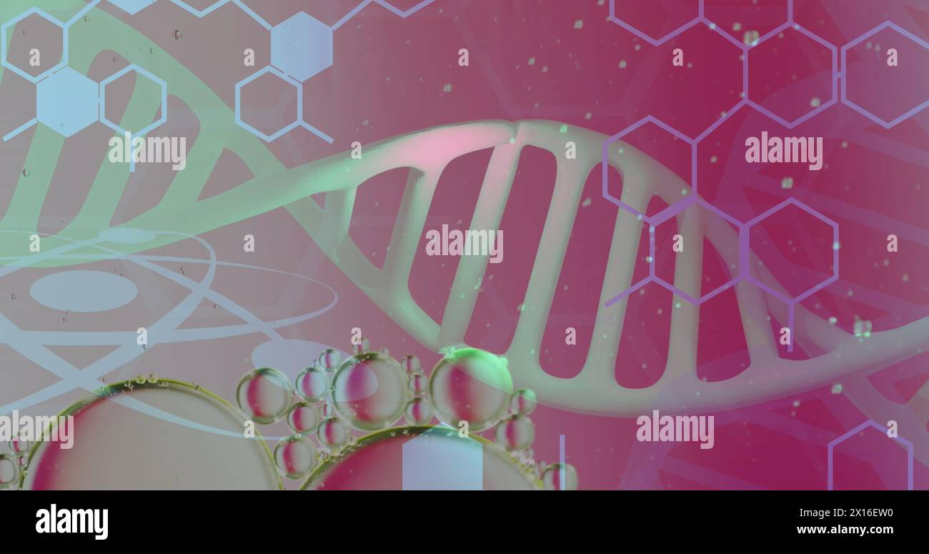Image of bubbles over dna strand and hexagons on pink background ...