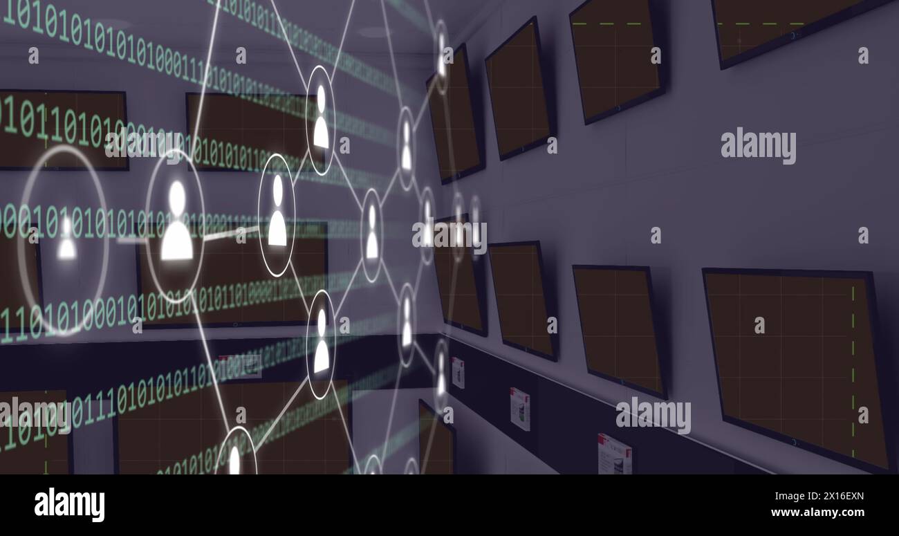 Image of network of icons with binary coding over television sets Stock Photo - Alamy