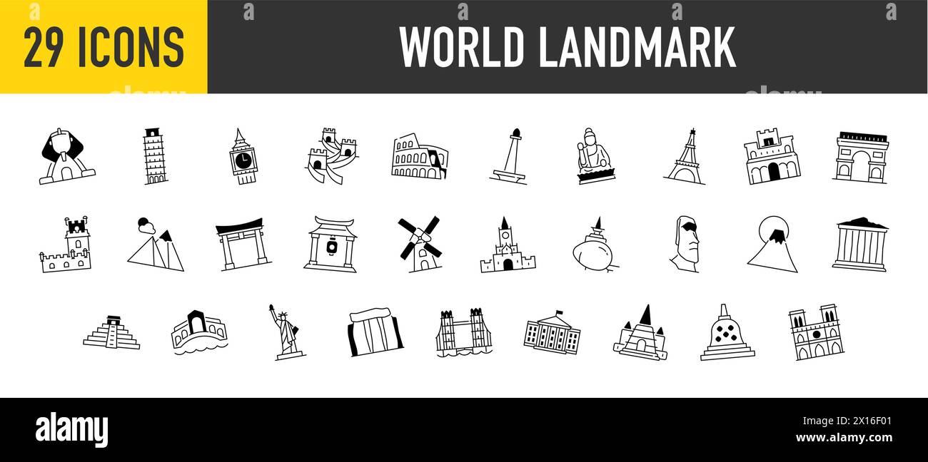 Set of world landmark icons. Such as china wall, historical places ...