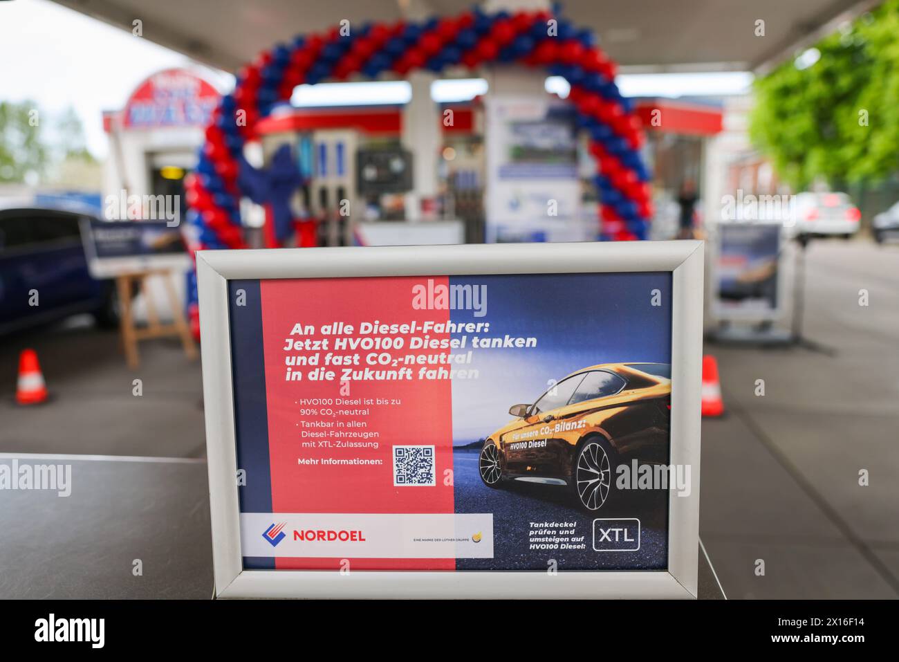 15 April 2024, Hamburg: An advertising sign for the new HVO100 Diesel ...