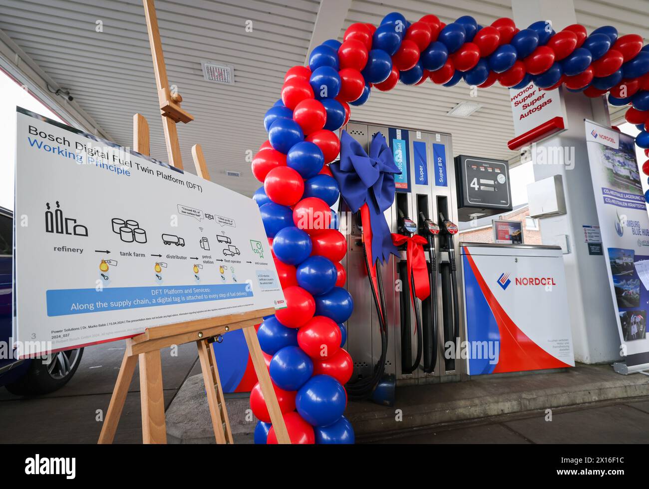 15 April 2024, Hamburg: An information sign for the Bosch Digital Fuel ...