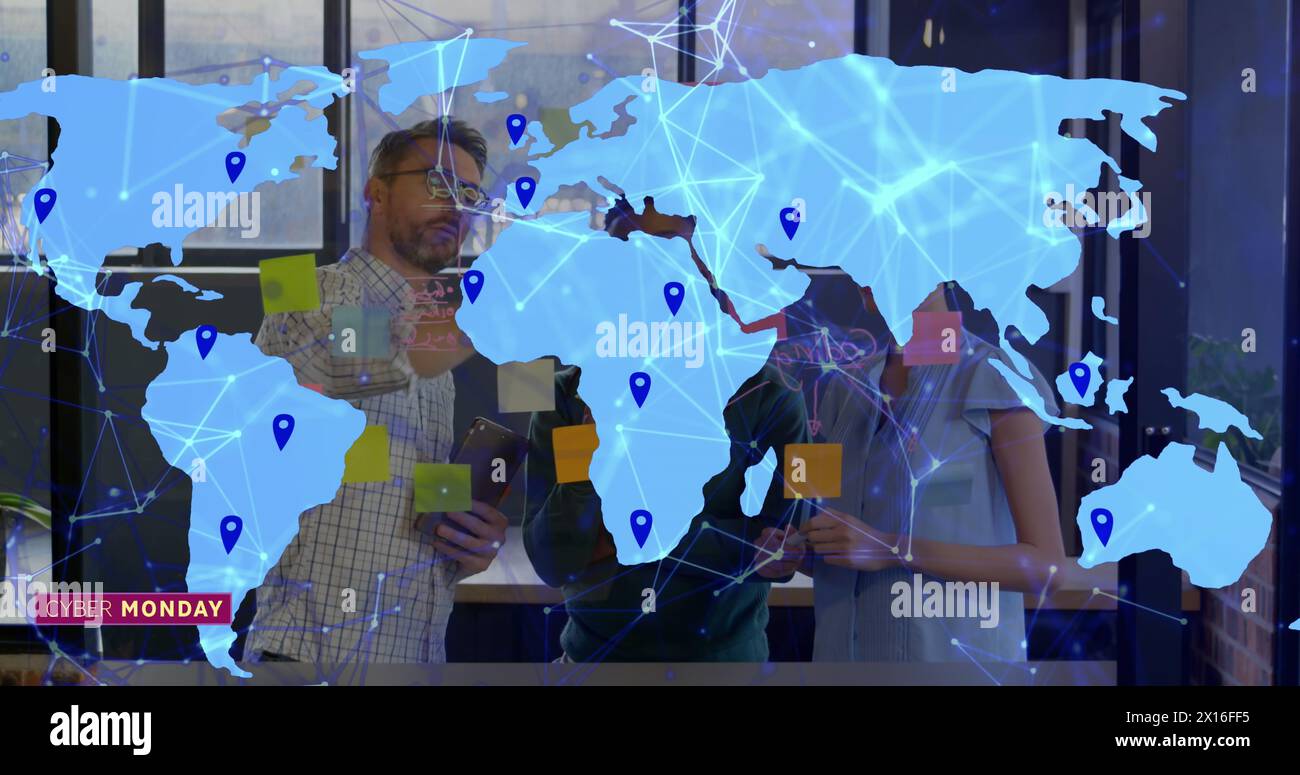 Image of map with gps and connected dots over diverse colleagues ...