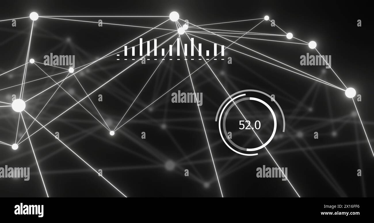 Image of data processing, network of connections with glowing nodes over black background Stock ...