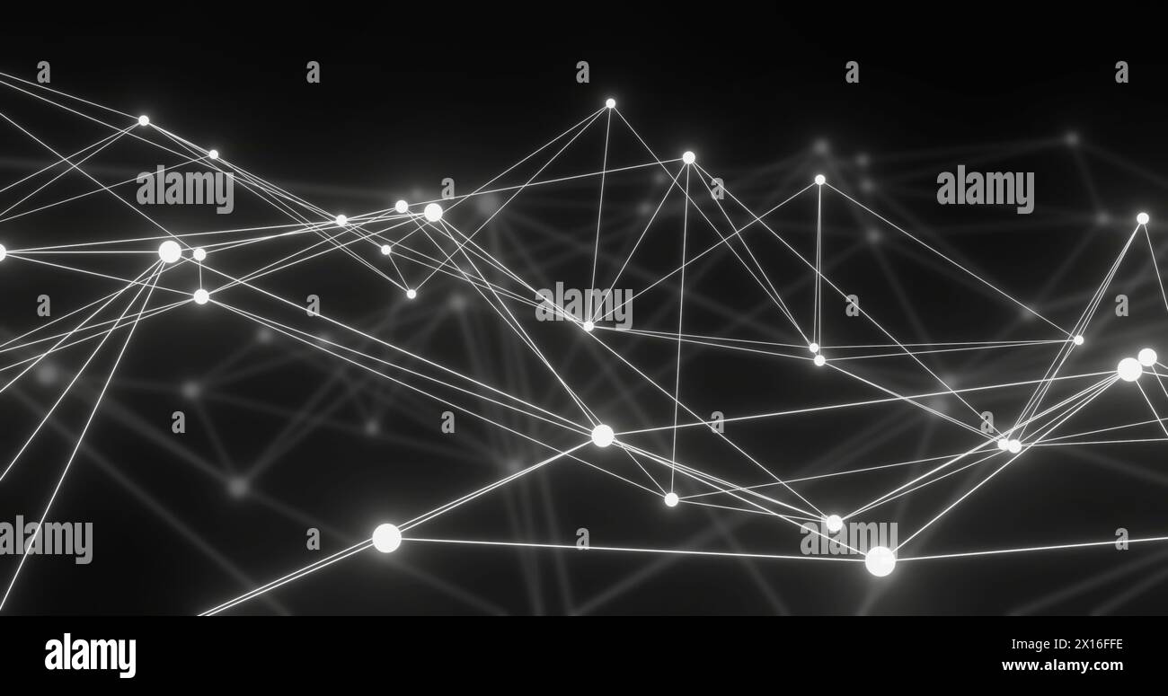 Image of network of connections with glowing nodes over black ...