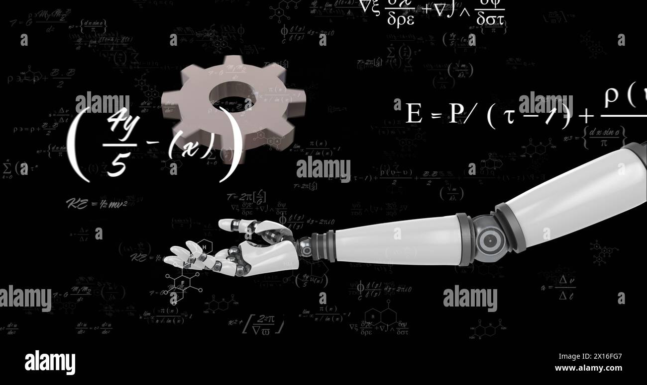 Image of cog and robot's arm over mathematical data processing Stock ...