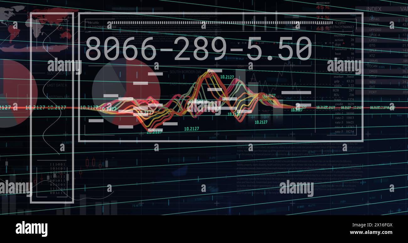 Image of multiple graphs, changing numbers and infographic interface ...